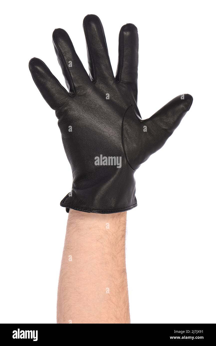 Man wearing black leather glove on white background, closeup. Side view ...