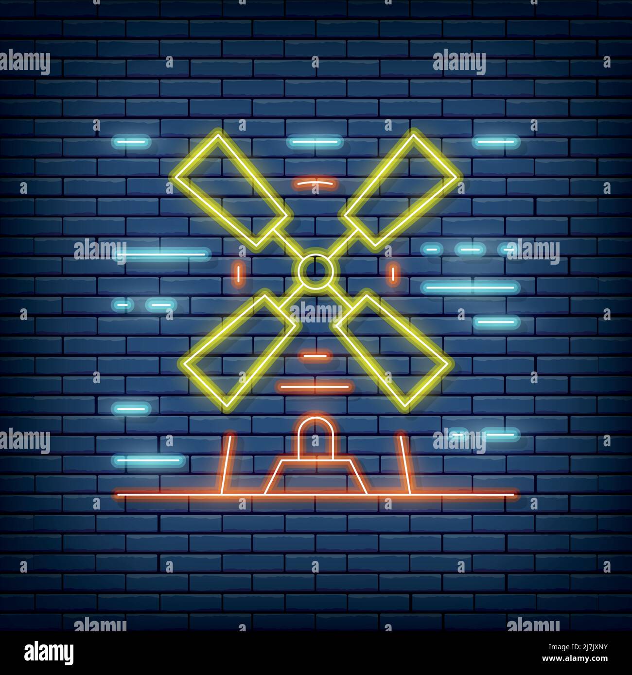 Vector windmill landscape neon sign. Vector illustration in neon style ...