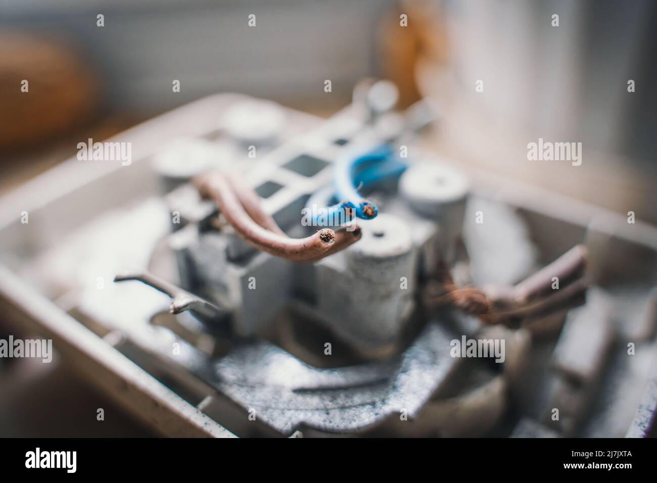 Cut thin copper wires close-up. Dismantled electrical outlet Stock ...