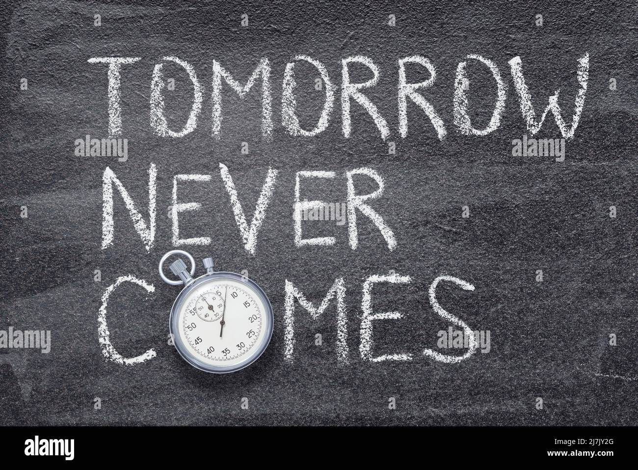 Tomorrow never comes proverb written on chalkboard with vintage precise ...