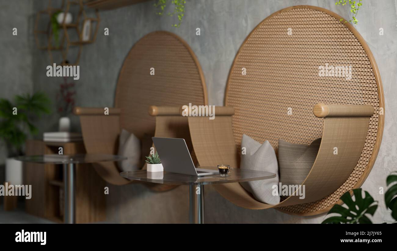 Modern stylish coffee shop seating area interior with stylish round ...