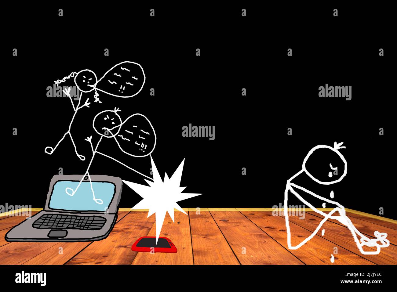 Teen cyberbullying. Teenage boy alone in his room victim of harassment ...