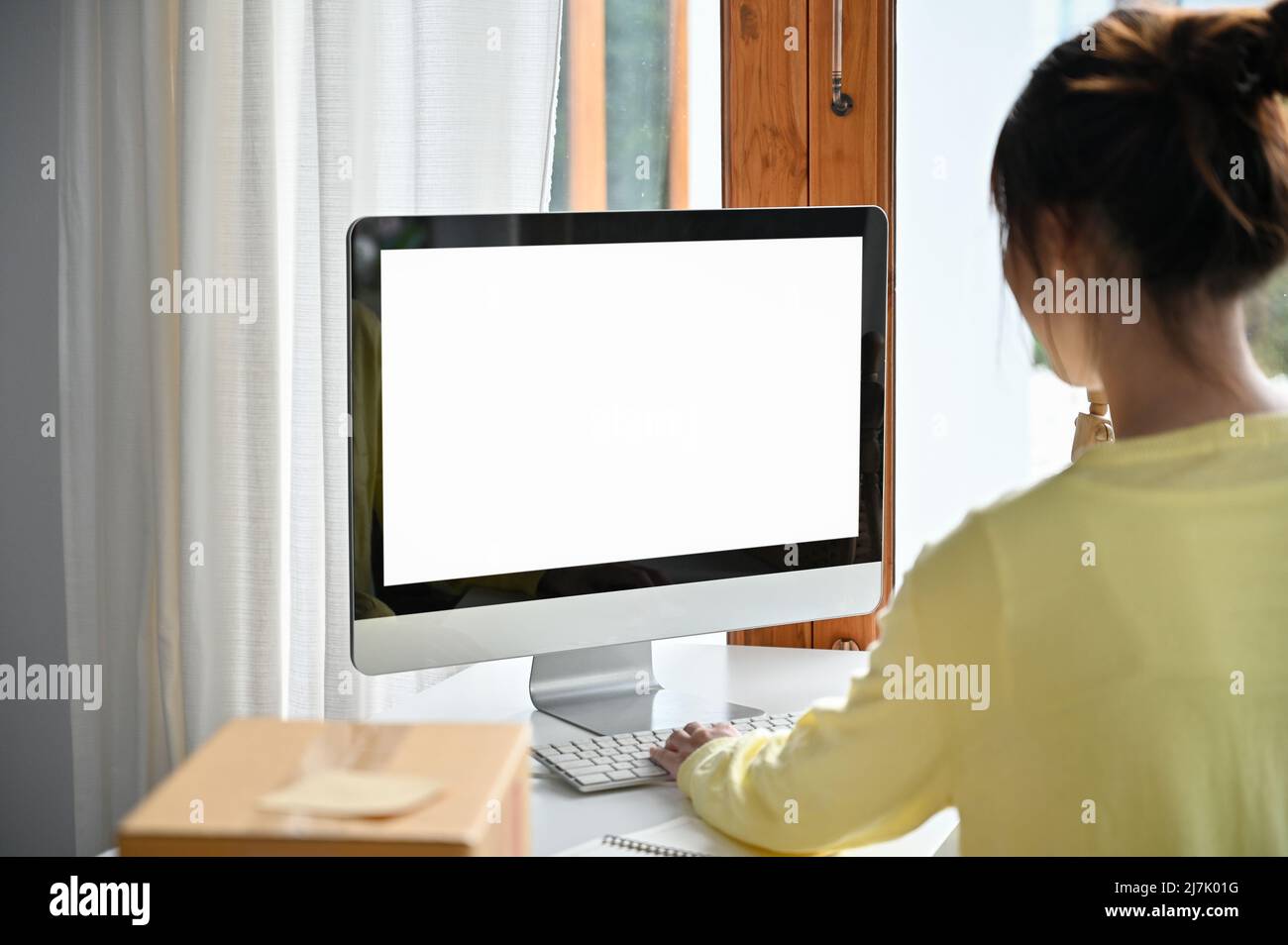 Successful Asian young female online business owner working on pc ...