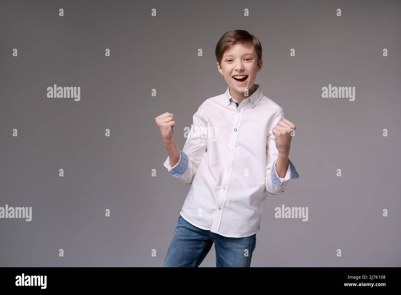 I won. Winning success happy man celebrating being winner in white ...