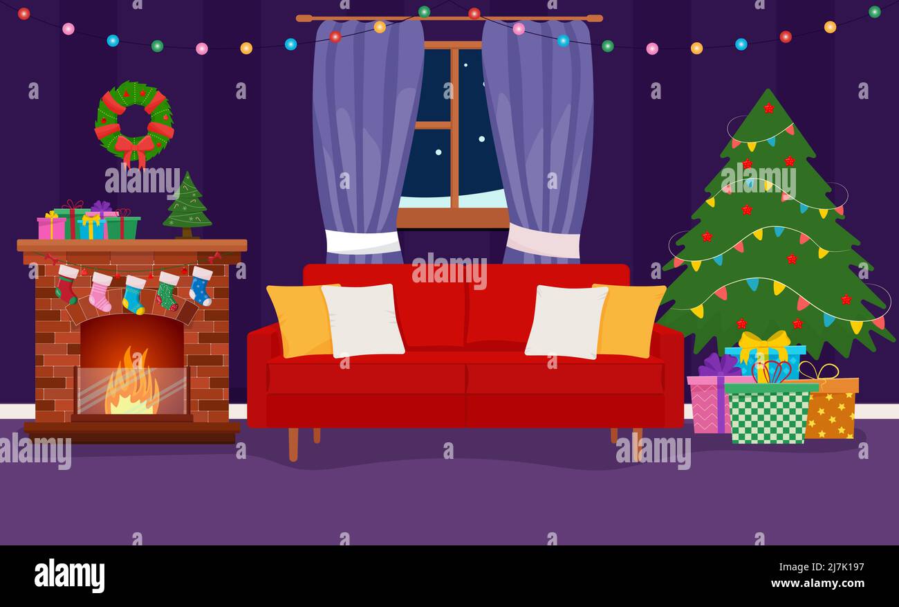 Christmas room interior. Christmas tree, gift, fireplace and decoration ...