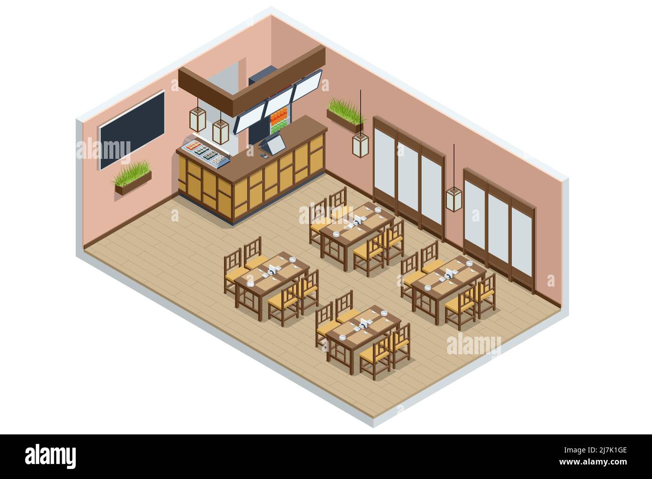 Isometric Fast Food Court Sushi, Japan fast food restaurant. Restaurant ...
