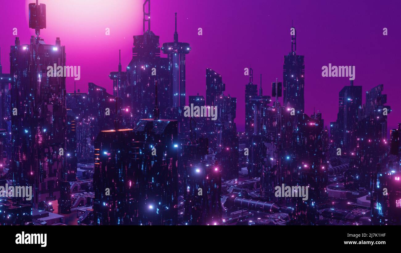 Cyberpunk Futuristic Wonderful Neon City Banner Background 3d ...