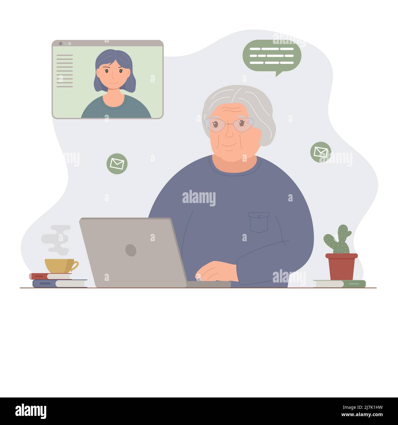 Happy grandma with laptop. Old woman using computer to communicate on ...