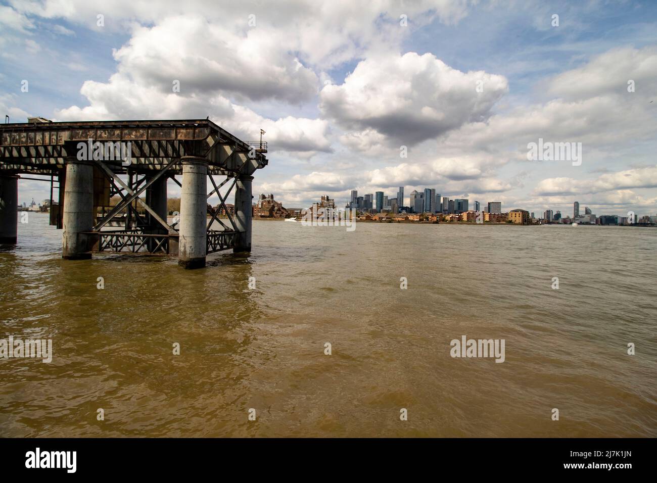 View across the Thames river in London from the Greenwich waterfront ...
