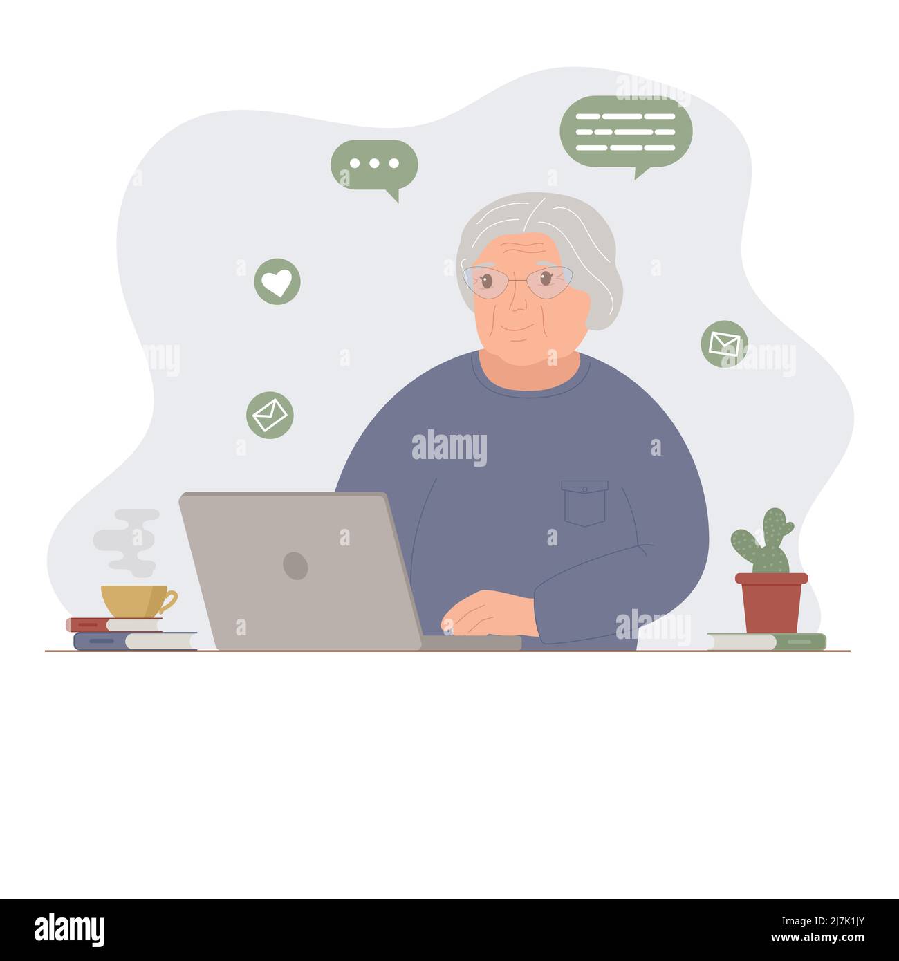 Happy grandma with laptop. Old woman using computer to communicate on ...