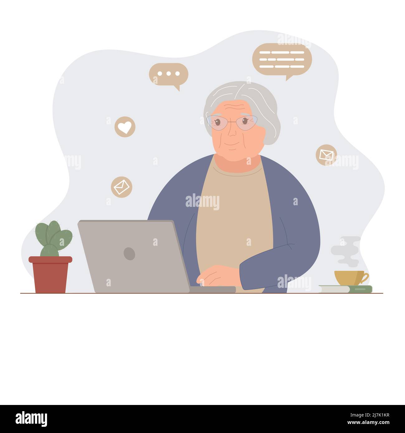 Happy grandma with laptop. Old woman using computer to communicate on ...