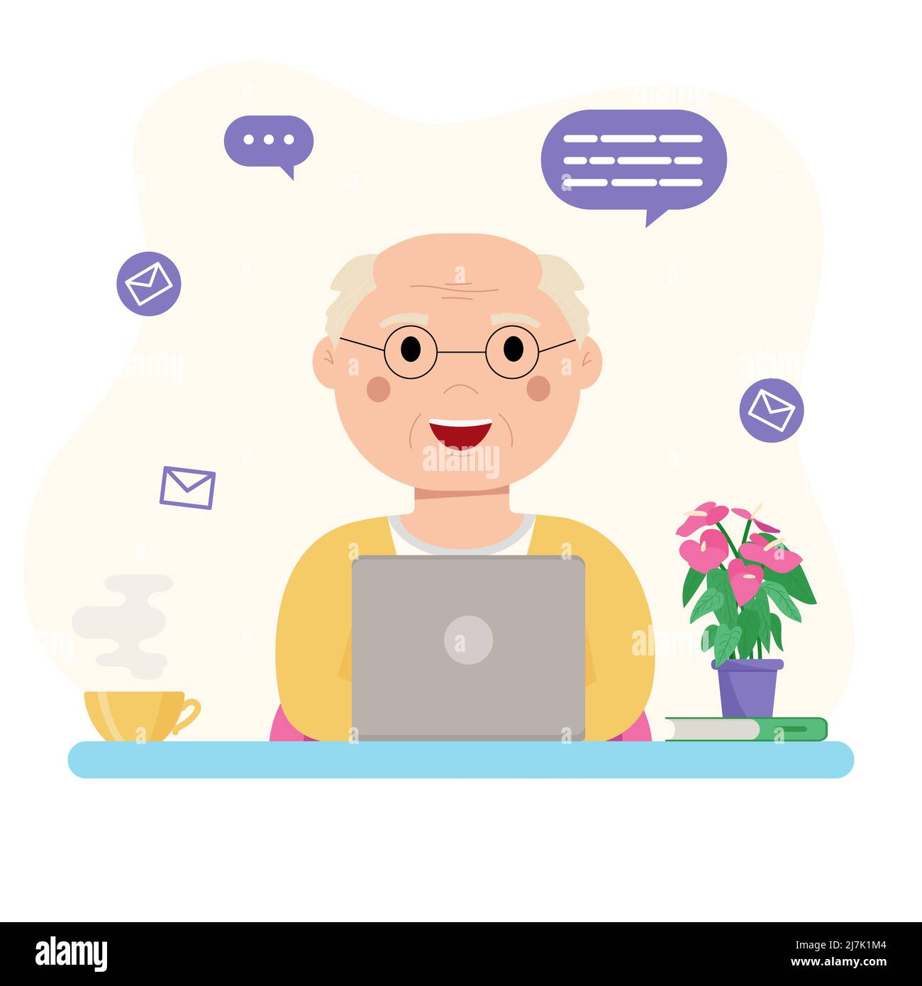 Happy grandfather with laptop. Old man using computer to communicate on ...
