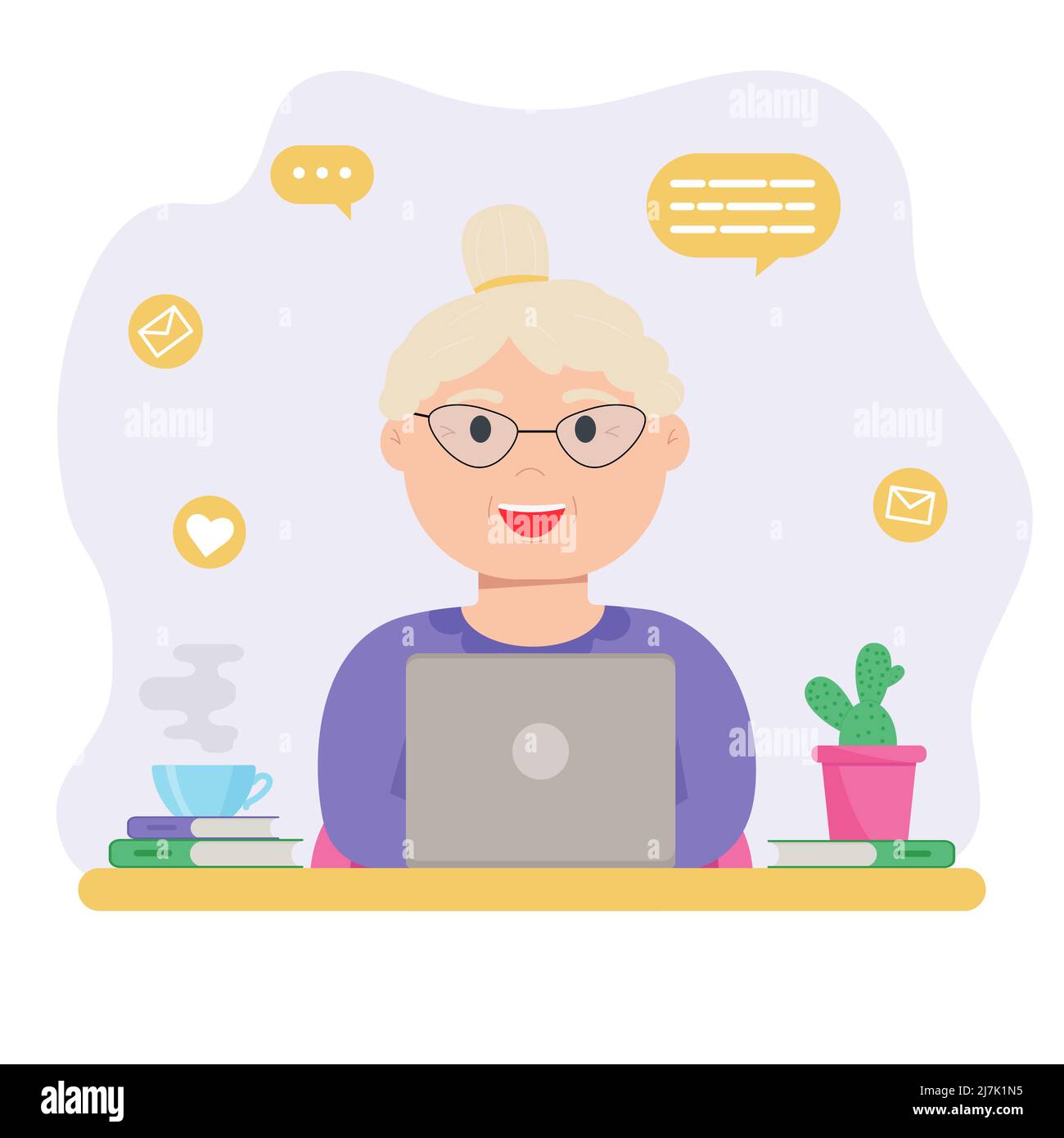 Happy grandma with laptop. Old woman using computer to communicate on ...