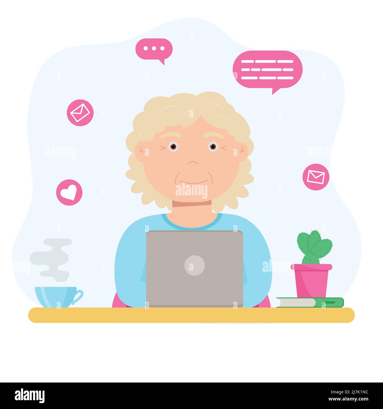 Happy grandma with laptop. Old woman using computer to communicate on ...