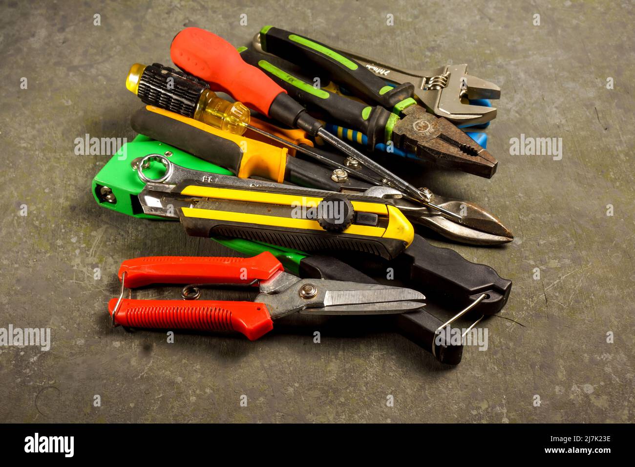 groups of tools with concrete background Stock Photo - Alamy