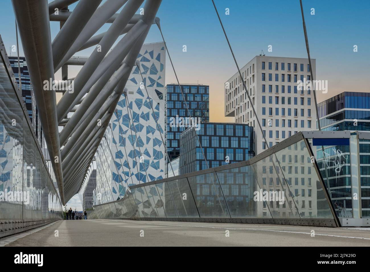 Akrobaten modern pedestrian bridge in Oslo, Norway. View of urban ...