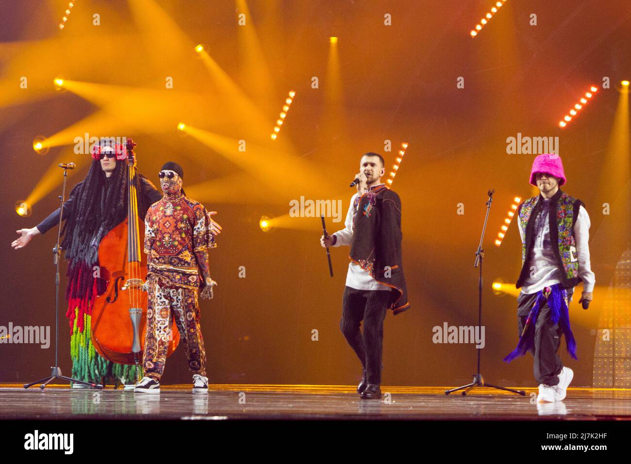 Turin, Italy. 9th May 2022. Ukrainian band Kalush Orchestra on stage of ...