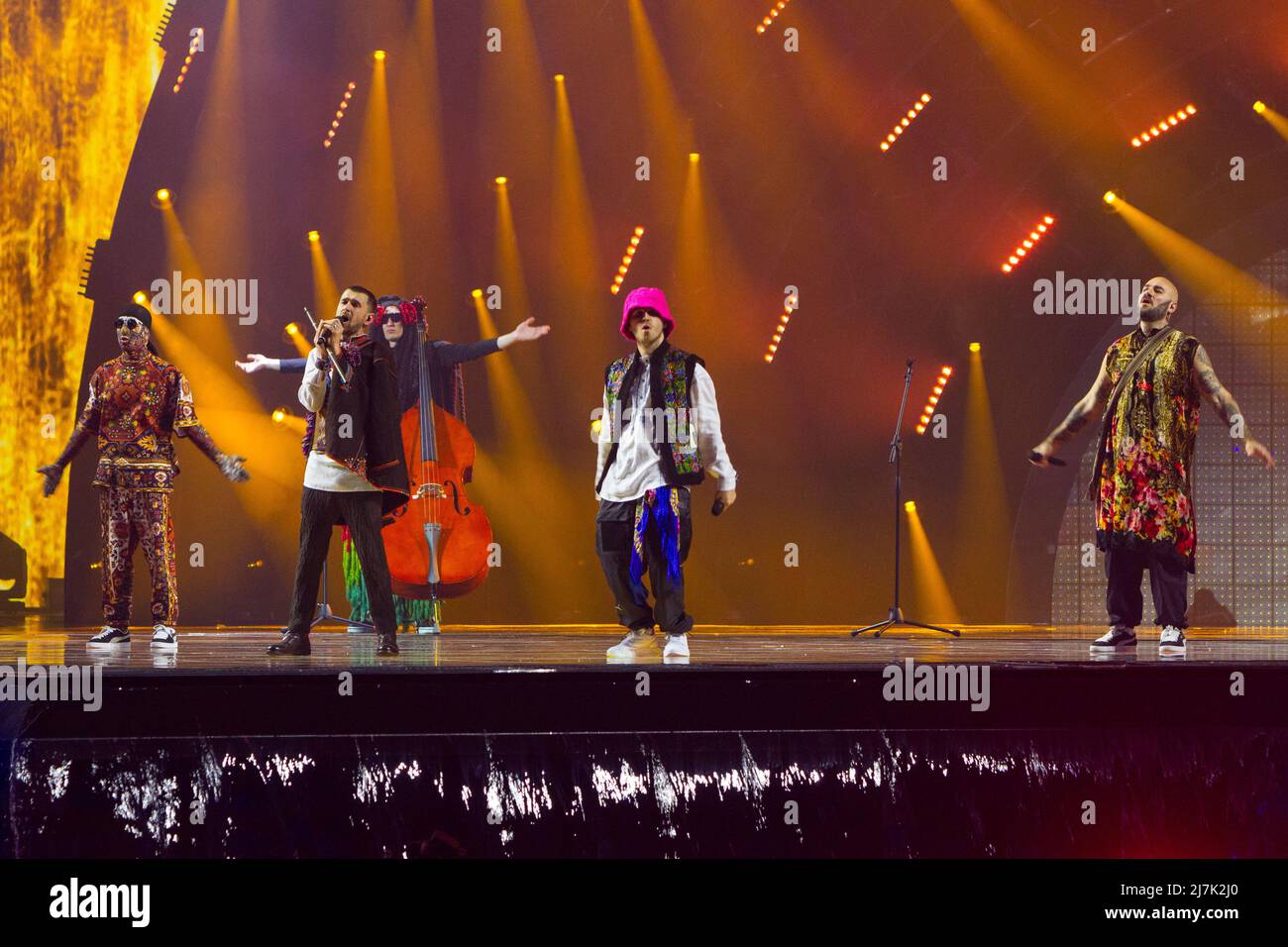 Turin, Italy. 9th May 2022. Ukrainian band Kalush Orchestra on stage of ...