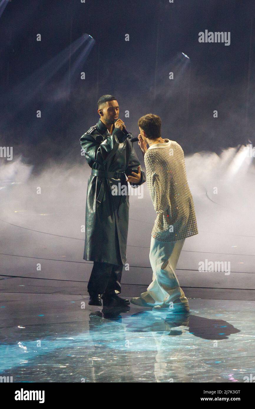 Turin, Italy. 9th May 2022. Italian singer Mahmood and BLANCO on stage ...