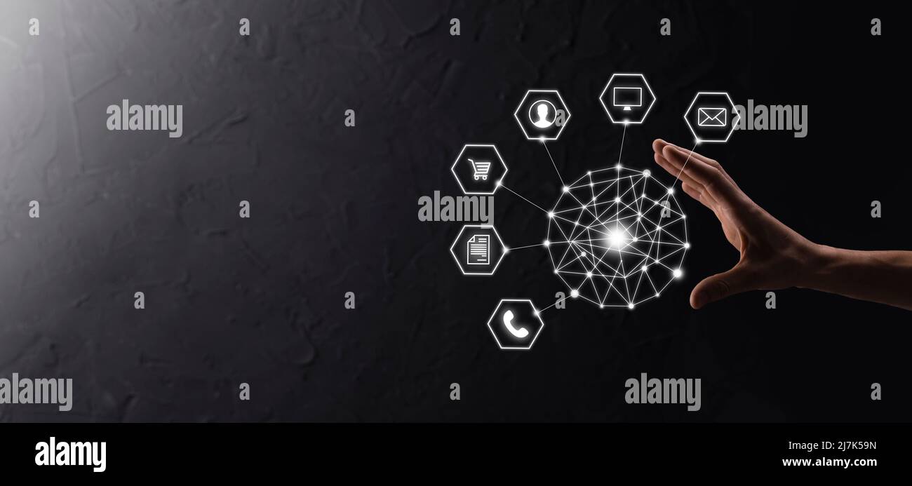 Business concept Close up of man using mobile smart phone and ...