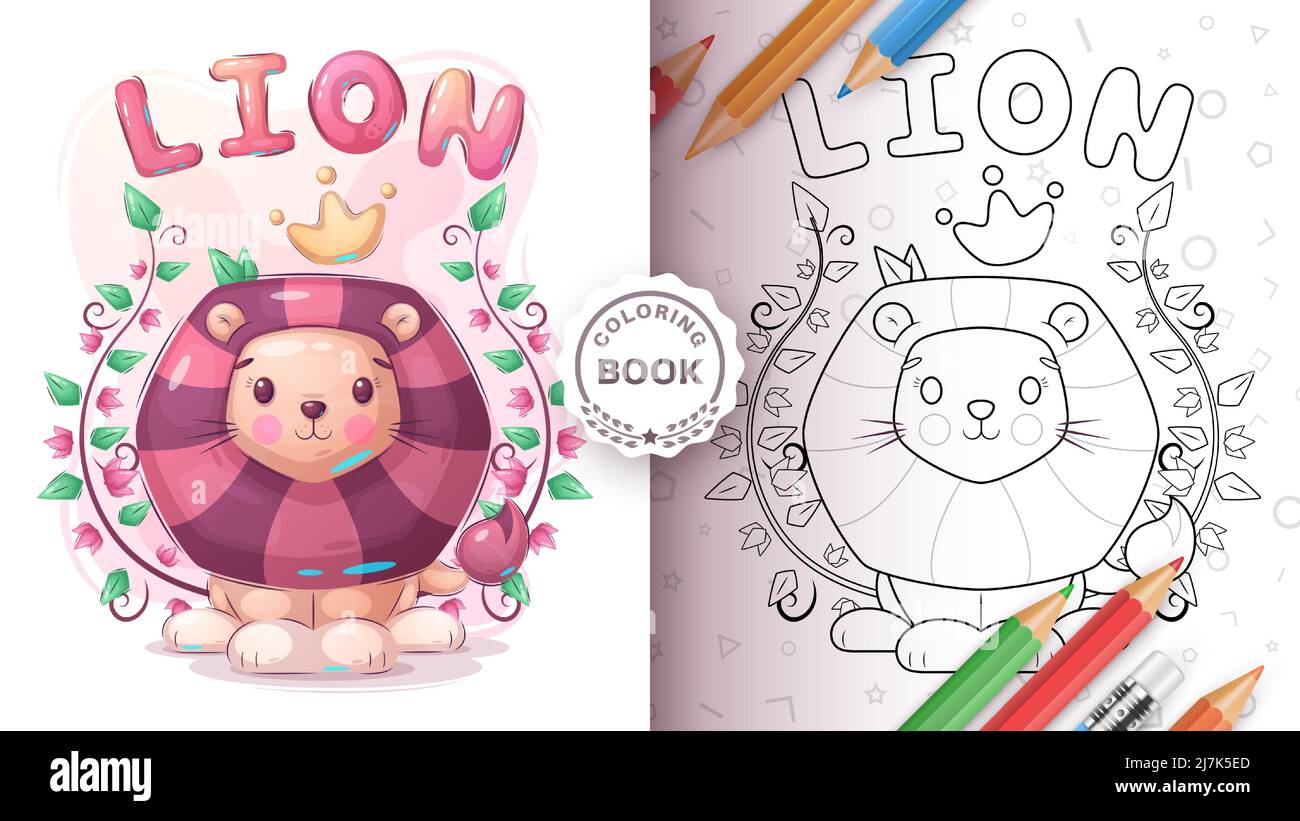 Cartoon character childish animal lion - coloring book Stock Vector ...