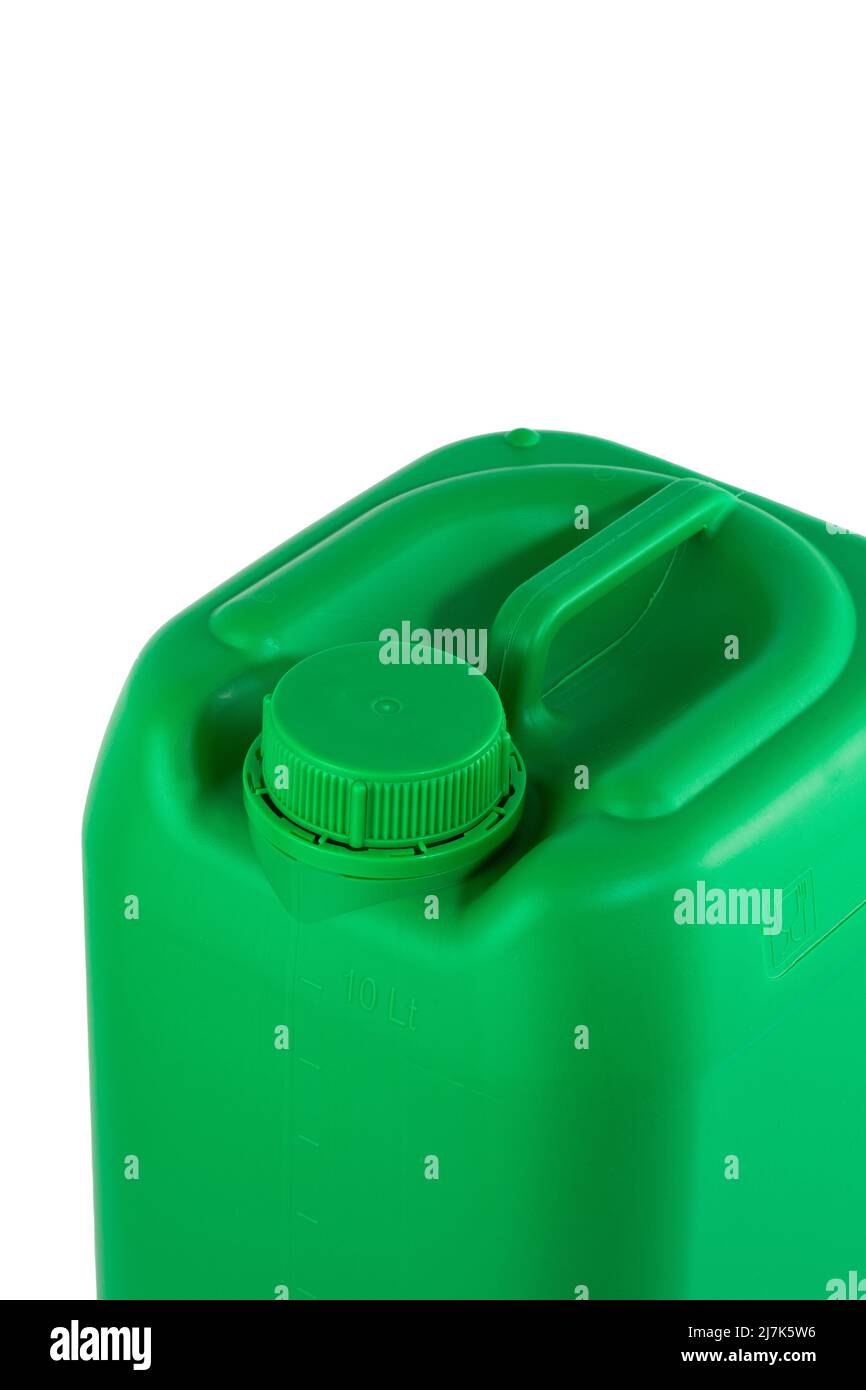Green plastic jerrycan with lid isolated on a white background. Image ...