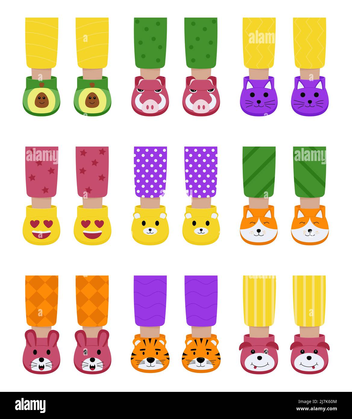 Set of children pajama slippers. Children feet in funny slippers ...