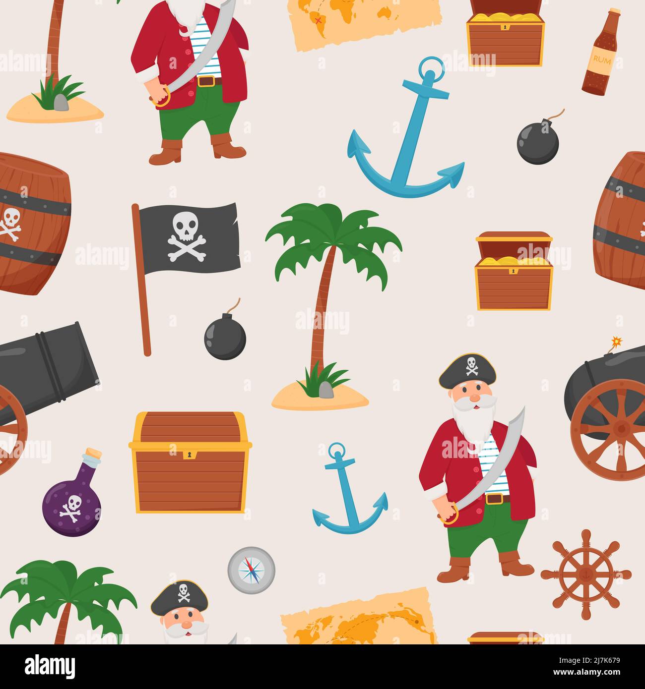 Bundle pirate seamless pattern. Bundle pirate, treasure map, rum, ship ...