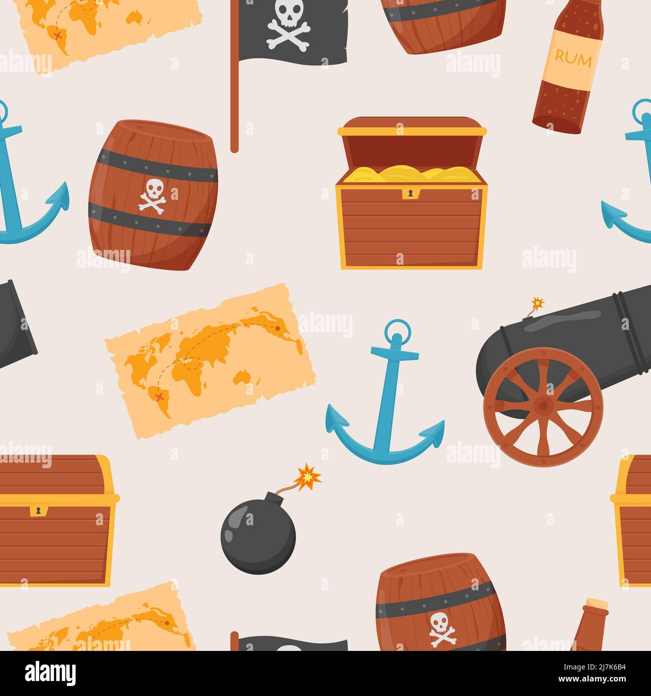 Bundle pirate seamless pattern. Bundle pirate, treasure map, rum, ship ...