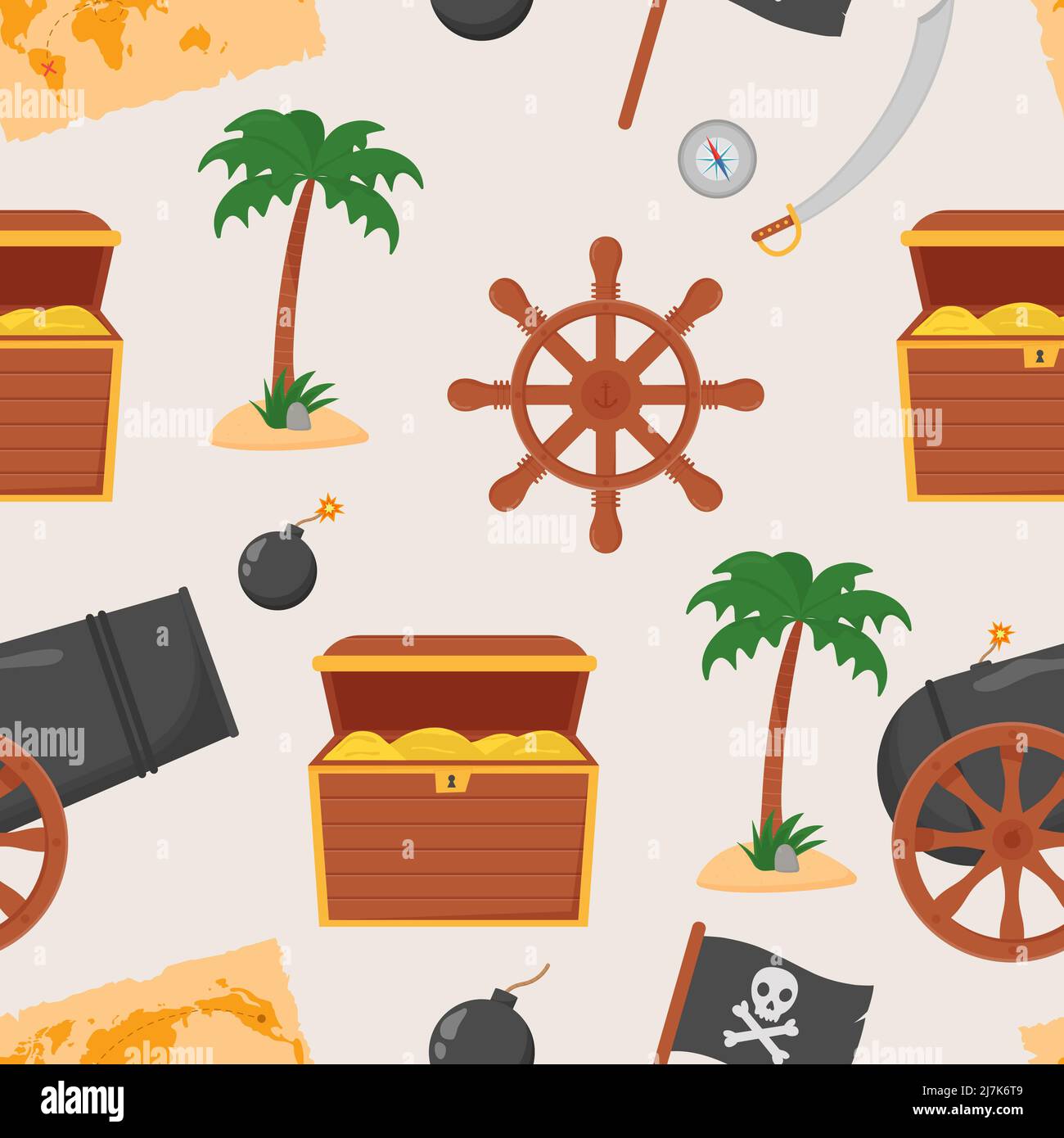 Bundle pirate seamless pattern. Bundle pirate, treasure map, rum, ship ...