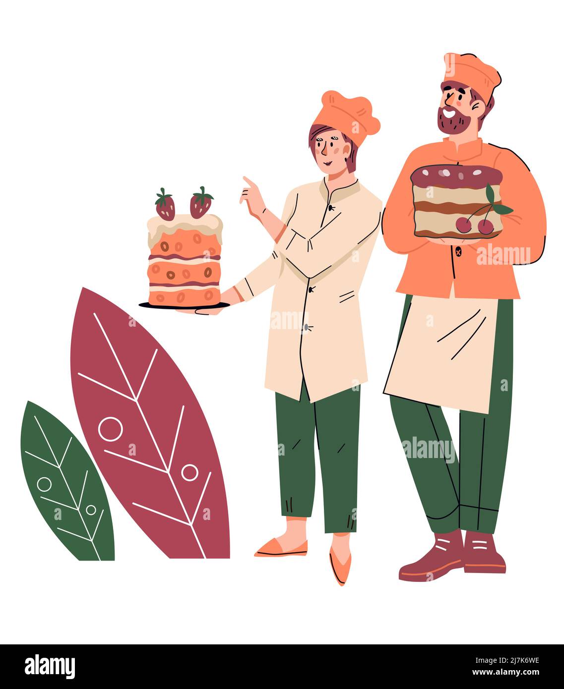 Confectioners or pastry cooks presenting festive wedding or birthday ...