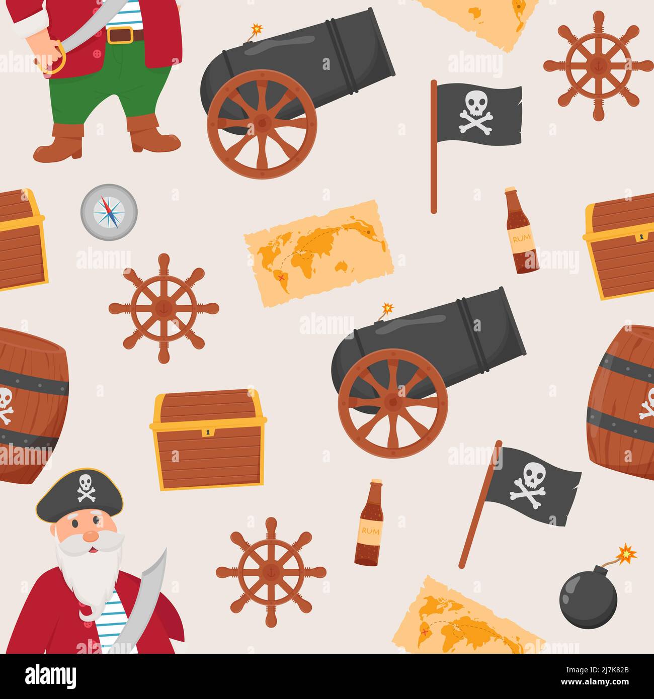 Bundle pirate seamless pattern. Bundle pirate, treasure map, rum, ship ...