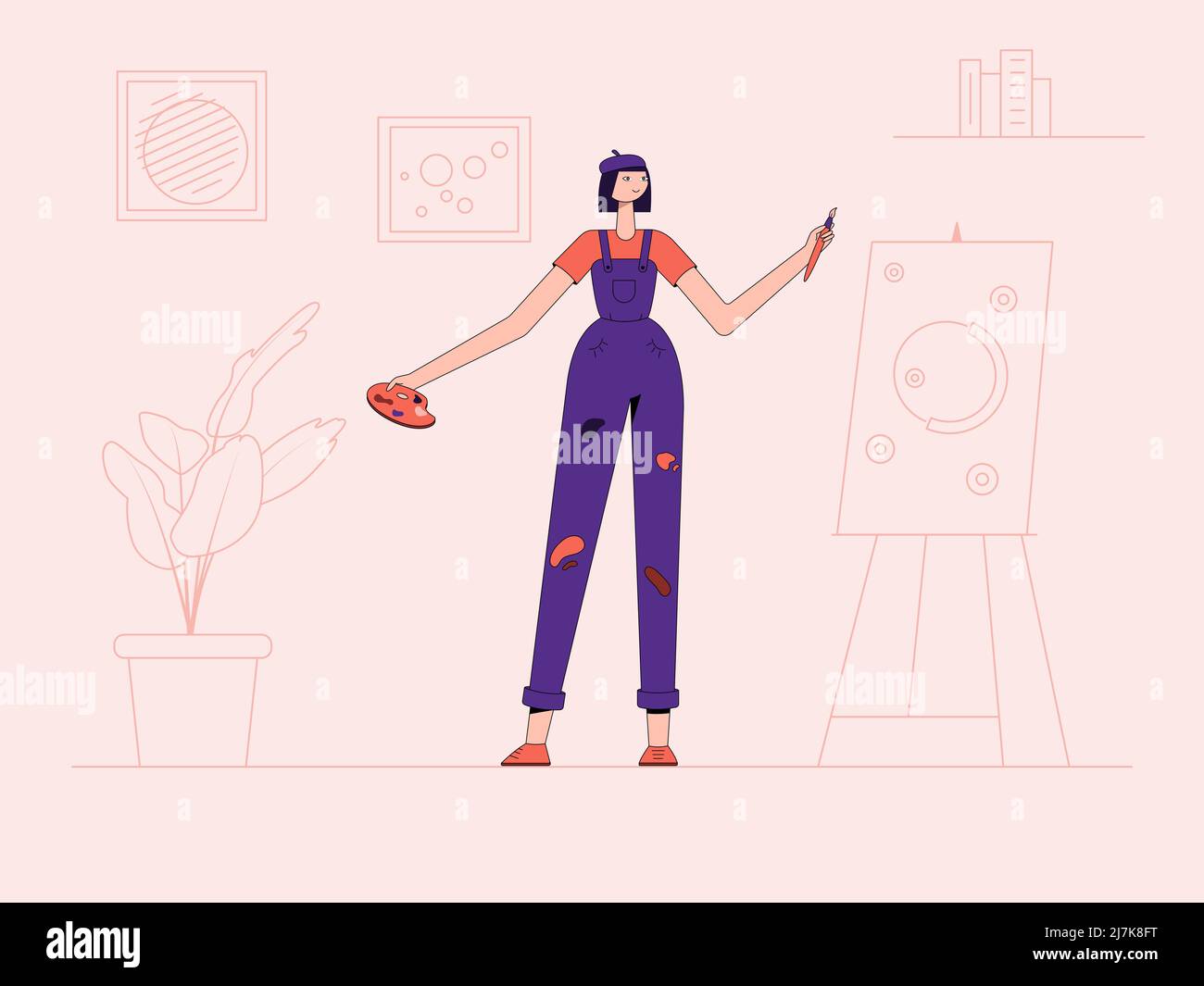 Artist with brushes and palette. Woman paints on canvas in an art ...