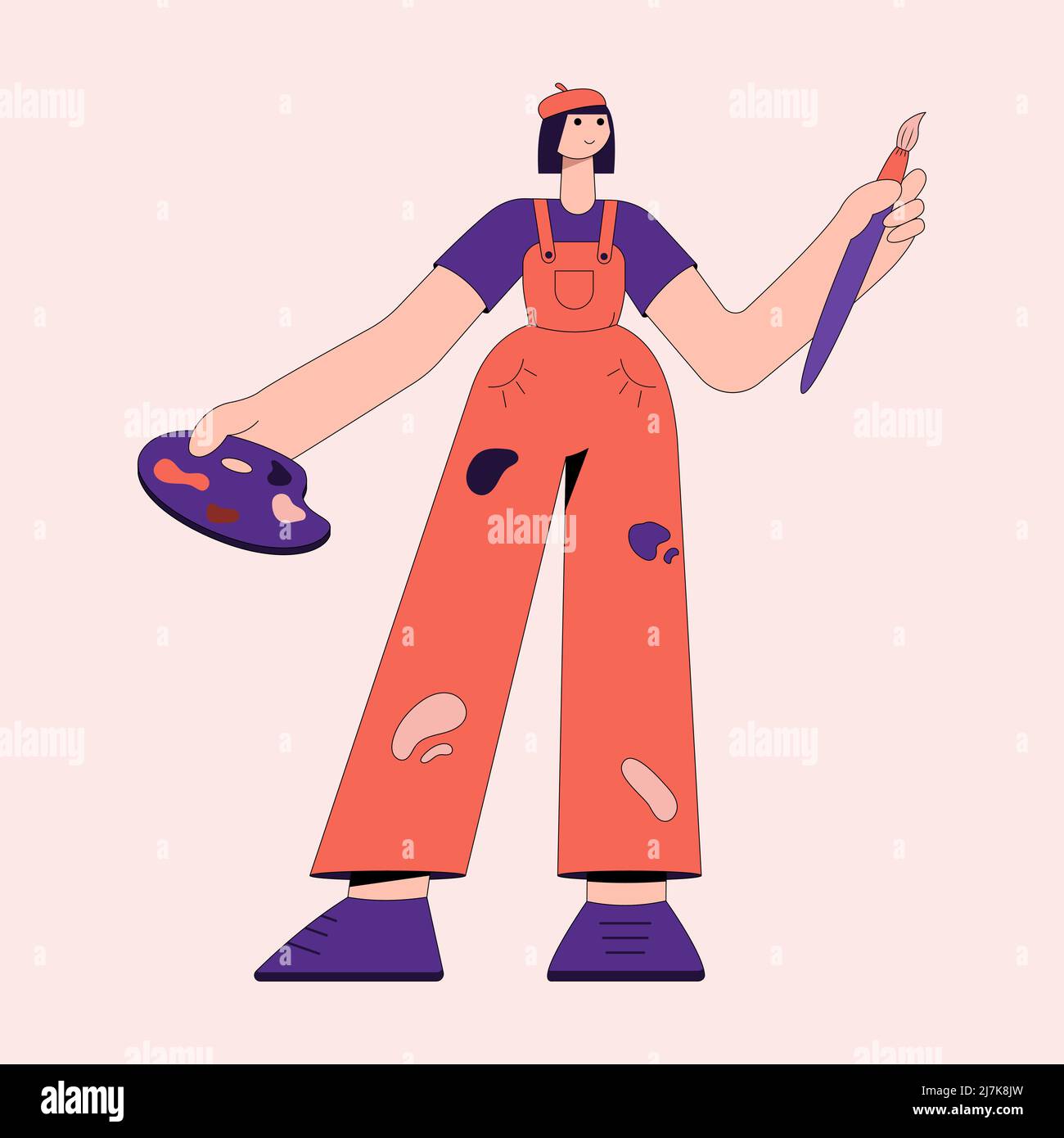 Artist with brushes and palette. Woman paints on canvas in an art ...