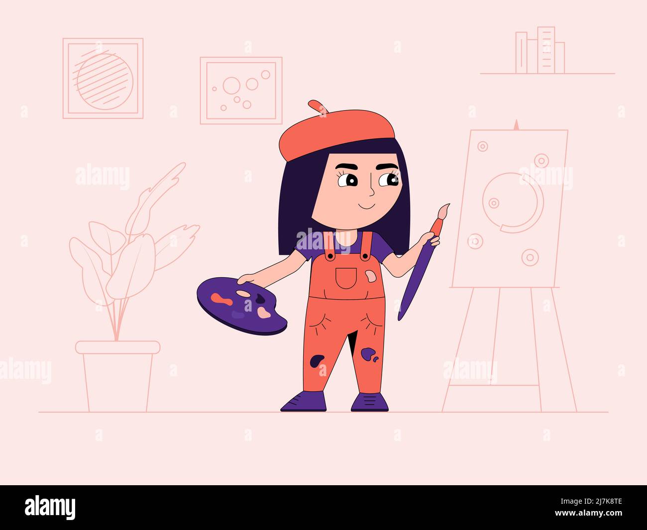 Artist with brushes and palette. Woman paints on canvas in an art ...