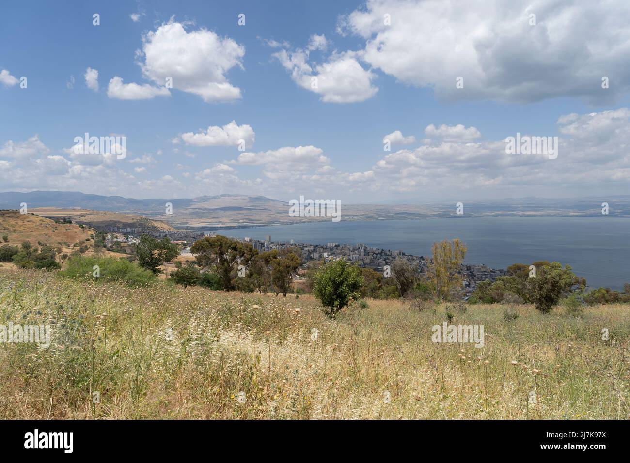 Galilee view with the city of Tiberias and the Sea of Galilee Stock ...