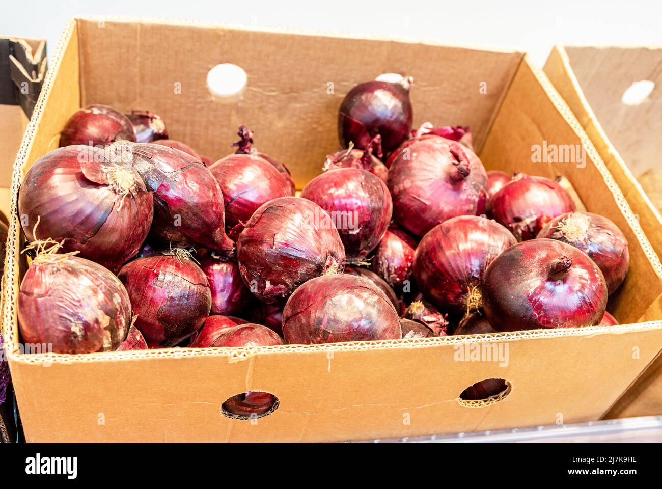 Red organic onion in a cardboard box at the superstore Stock Photo - Alamy