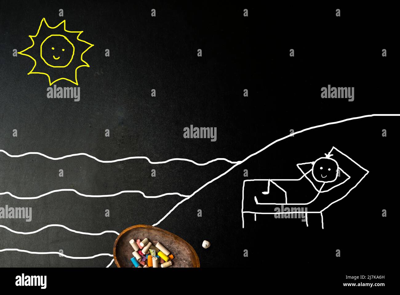 Summer vacation on the beach. Male stick figure sunbathing happily on a ...