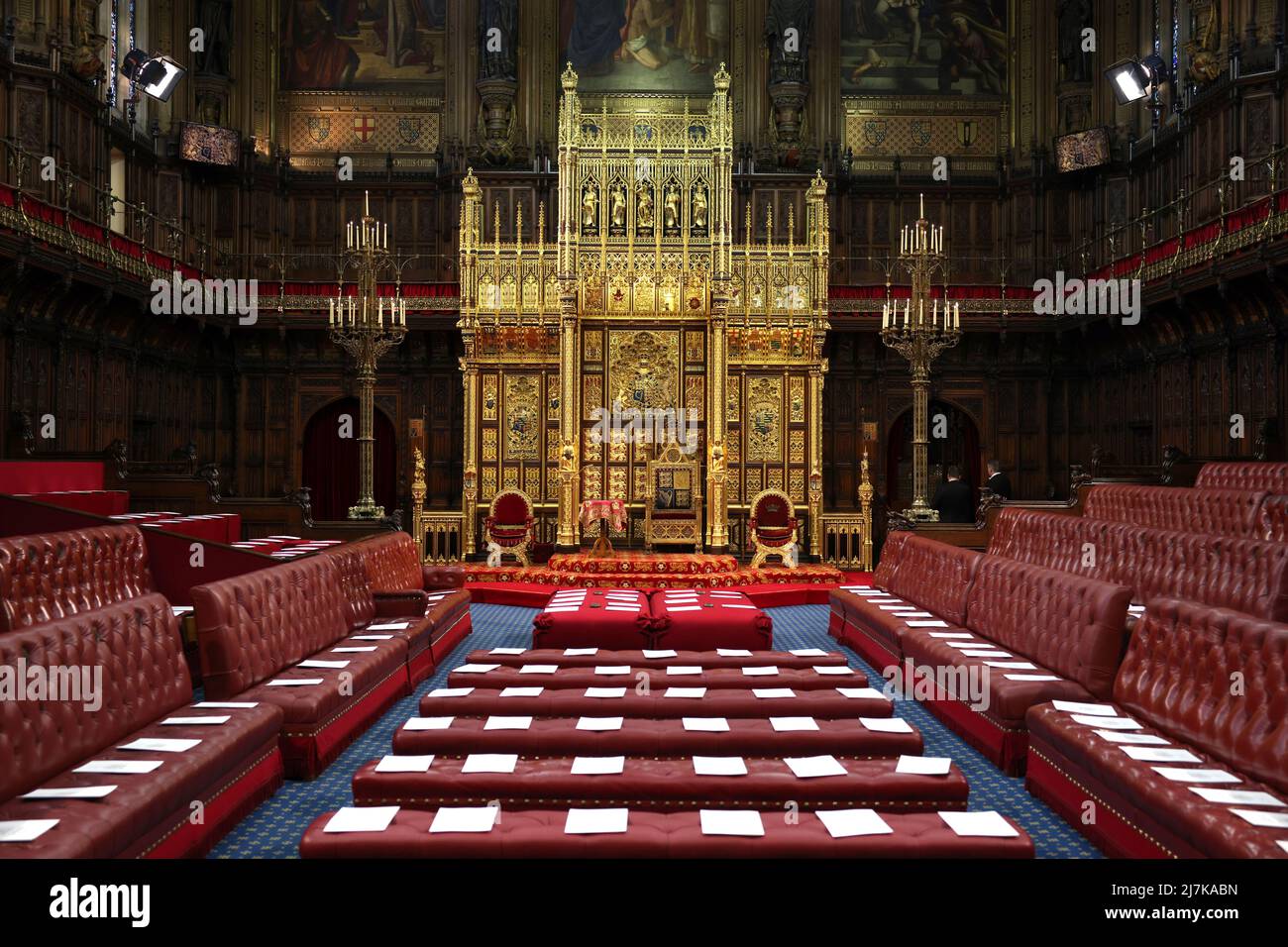 A view of the House of Lords chamber showing the Sovereign's Throne set ...