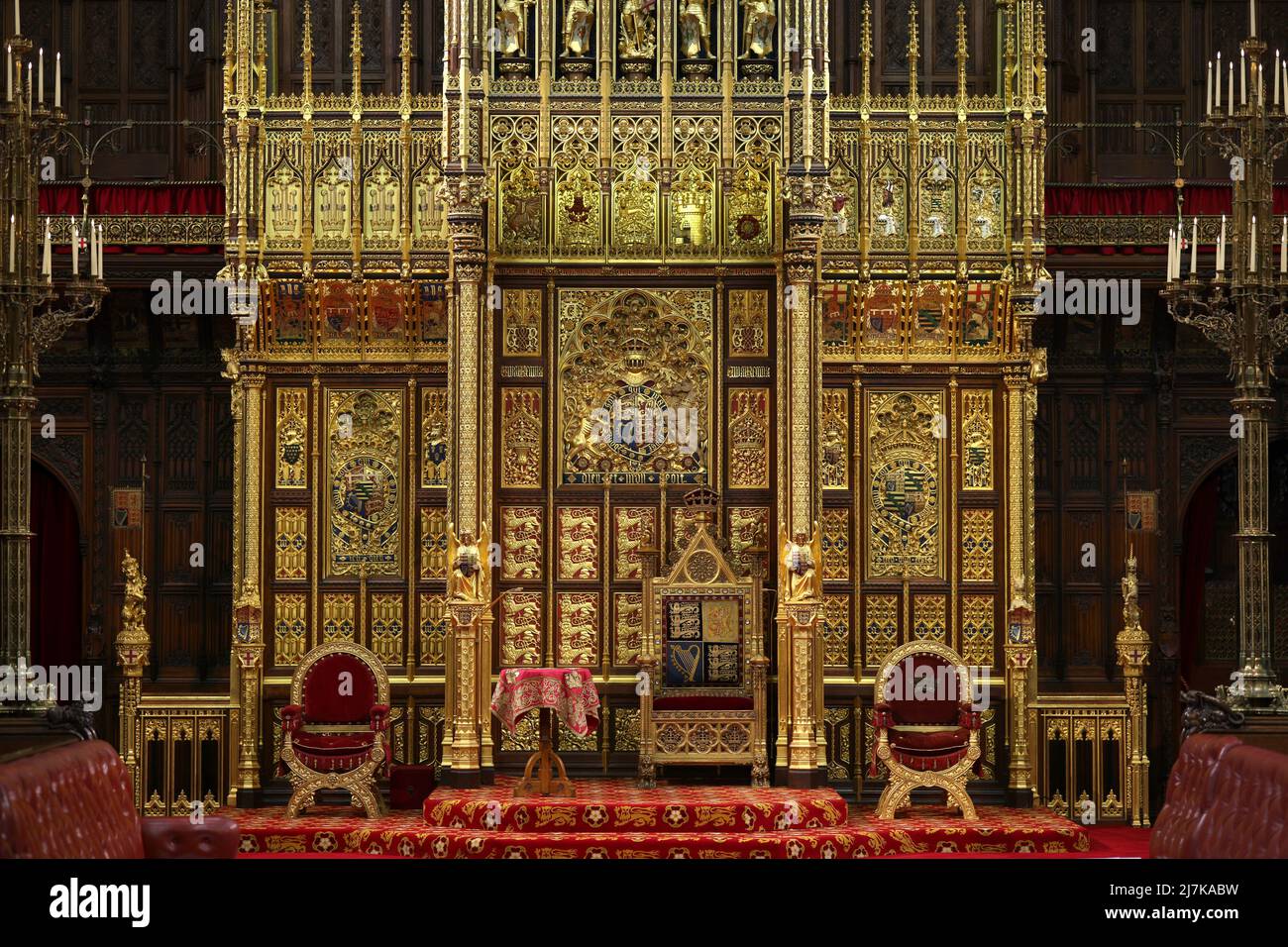 A view of the House of Lords chamber showing the Sovereign's Throne set ...