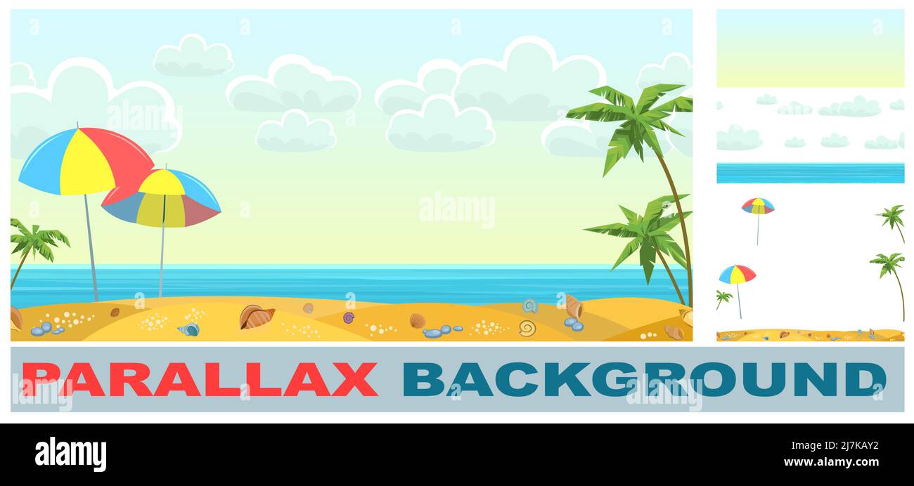 Sea beach. Set parallax effect. Summer seascape. Far away is ocean ...