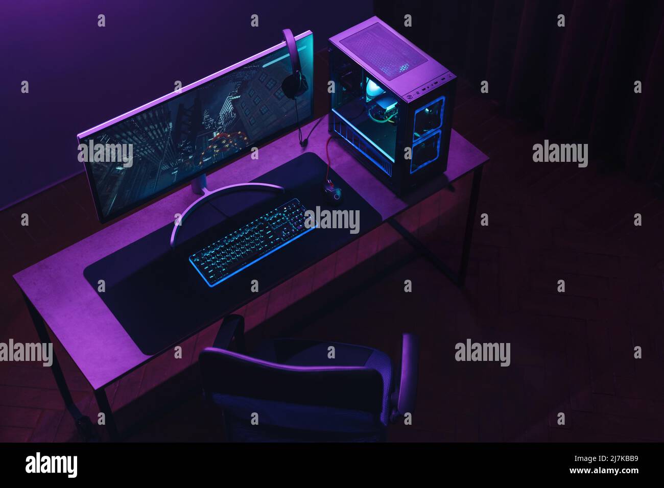 Top view of gamer work space and professional gaming setup: mouse ...