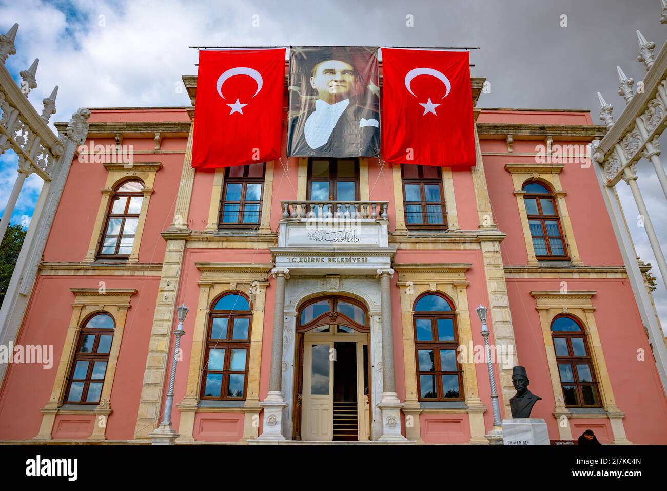Building of Edirne Municipality or Edirne Belediyesi with Turkish Flags ...