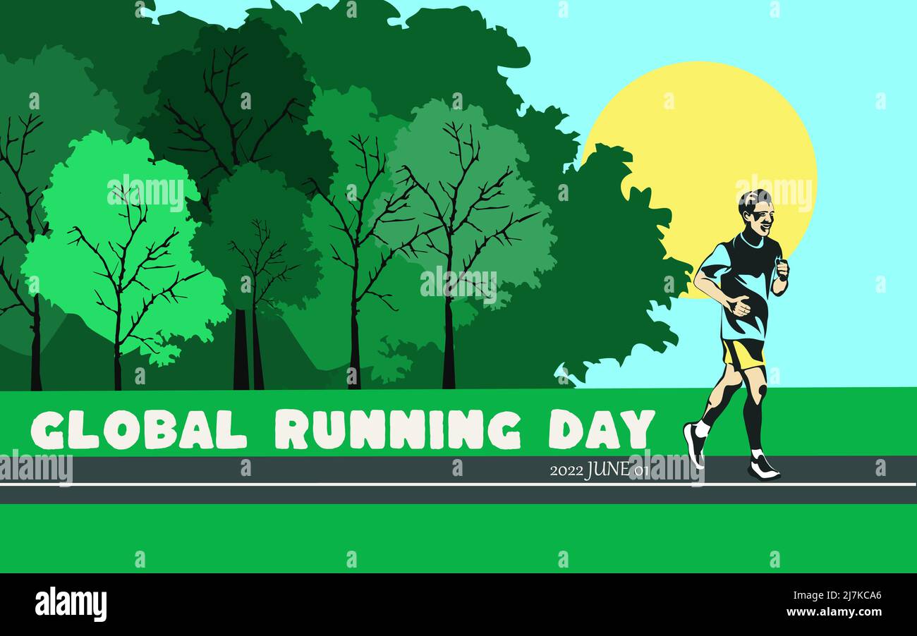 Global running Day in June, vector banner design. A young smiling ...