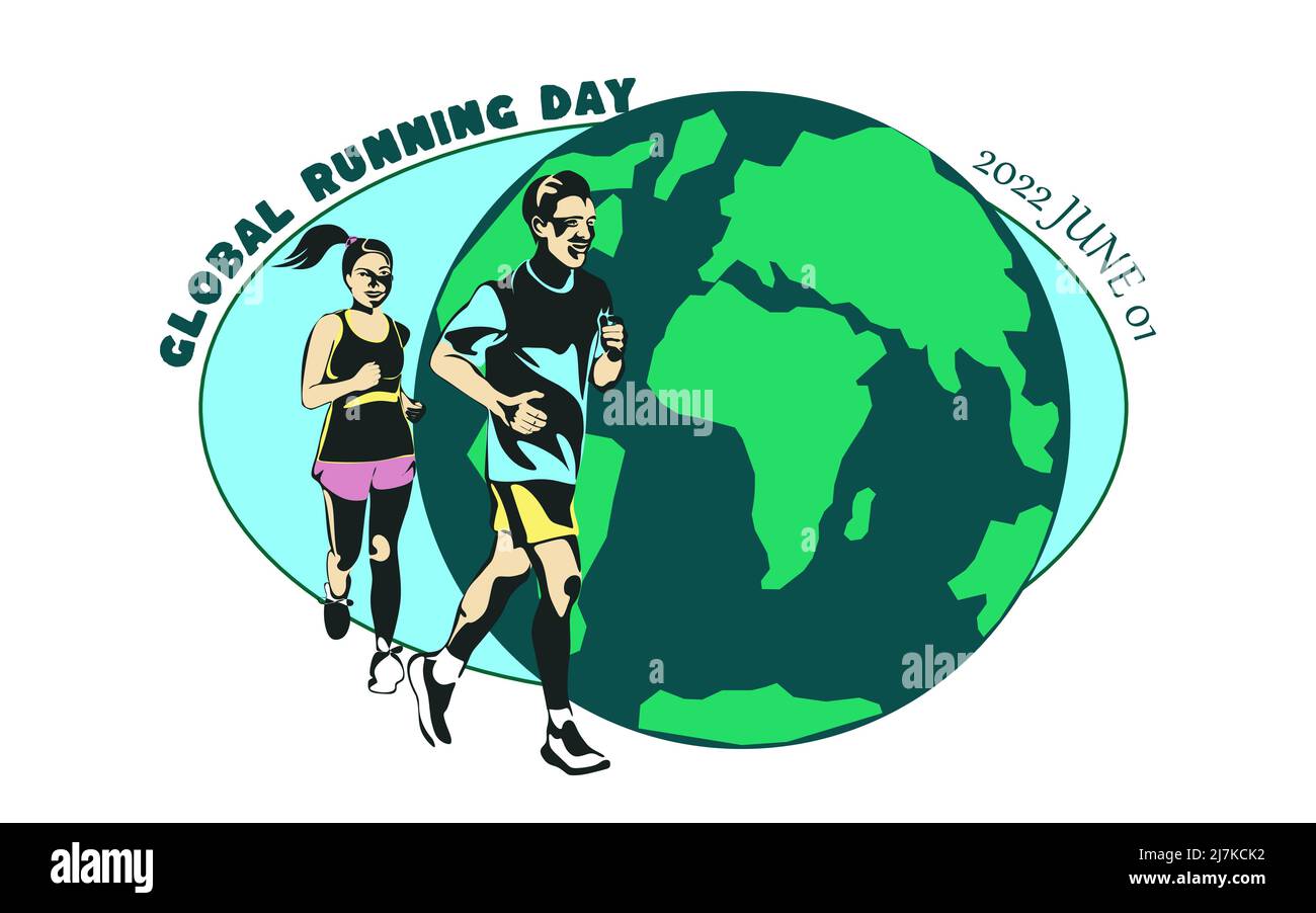 Global running Day in June, vector banner design. A young smiling ...