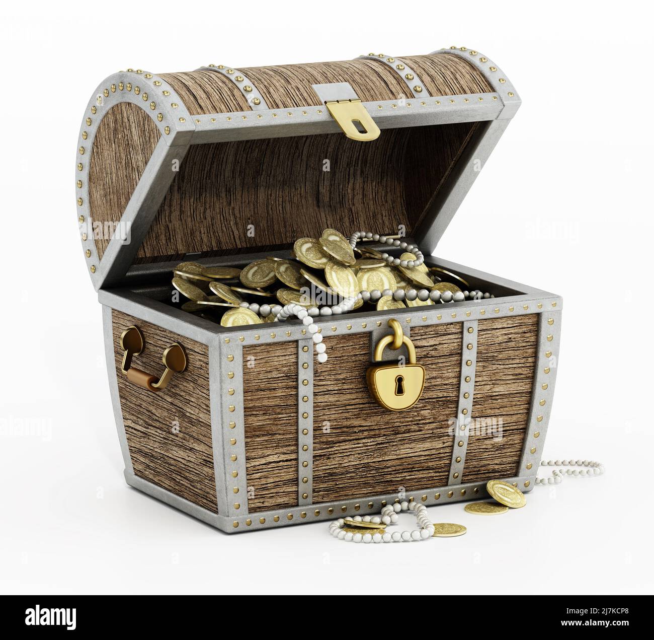 Treasure chest full of antique gold coins and jewels isolated on white ...