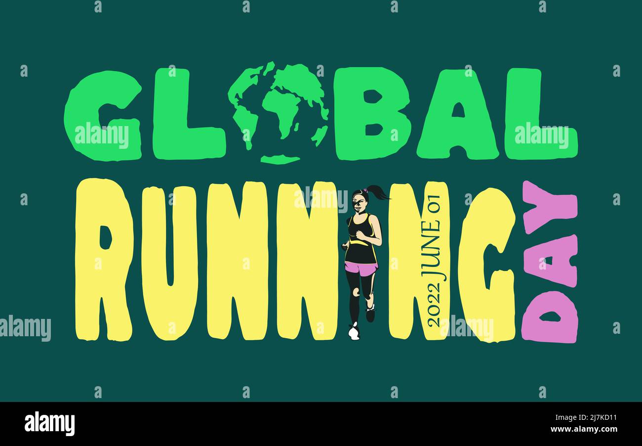 Global running Day in June, vector banner design. A young smiling handsome happy female is ...