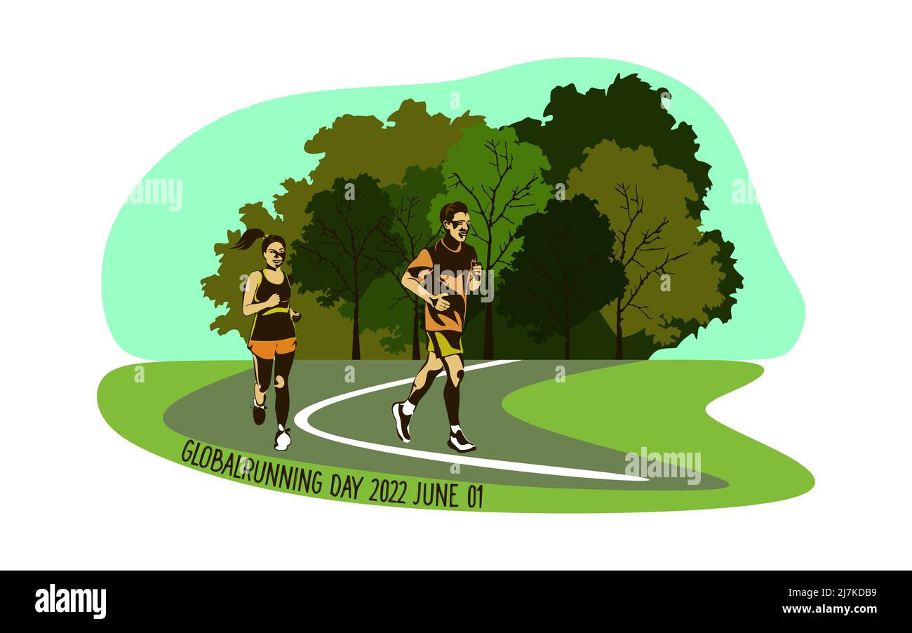 Global running Day in June, vector banner design. A young smiling ...