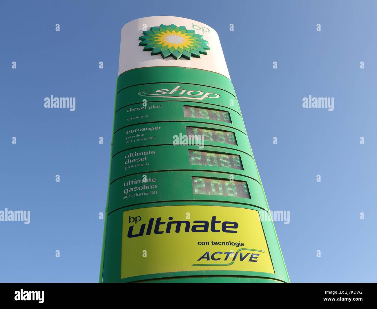 Fuengirola, Malaga, Spain. Fuel prices at BP gas station on May 6th ...