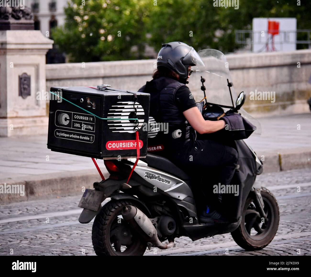 Paris, France, May 9, 2022. Illustration of delivery drivers and VTC ...